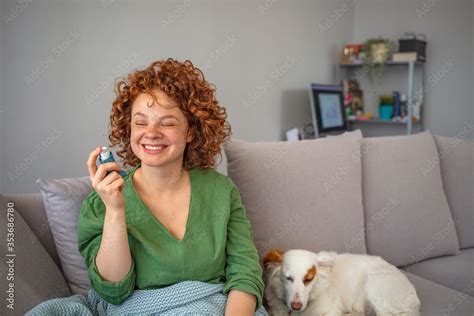 Woman With Asthma Inhaler In Light Room Pretty Woman Taking Her