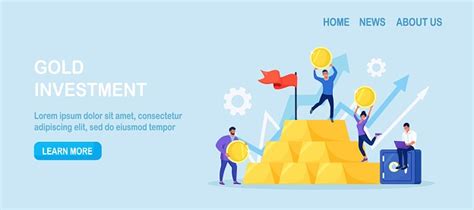 금 투자 개념입니다 성공적인 투자자 또는 기업가는 깃발을 향해 계단과 주괴를 올라갑니다 금융 이해력 목표 설정 금괴 덩어리 더미 위에 서 있는 상인 또는 부유한 투자자