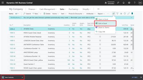 dynamics 365 business central how to use edit in excel in the browser web excel online