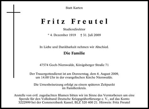 Traueranzeigen Von Fritz Freutel Trauer In Nrwde
