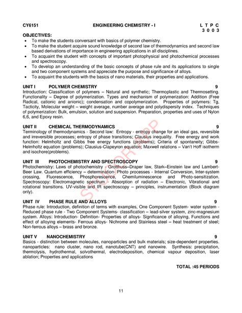 Anna University Syllabus Chemistry 11 Cy6151 Engineering Chemistry I L T P C 3 0 0 3