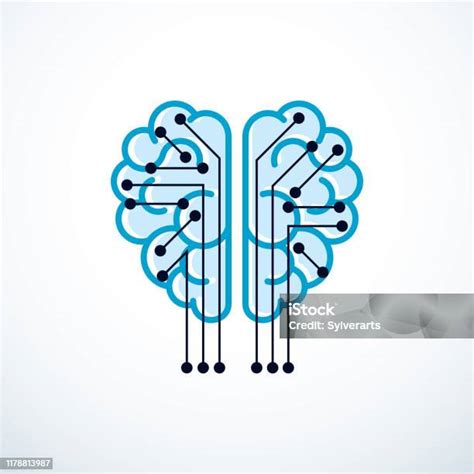 인공 지능 개념 벡터 엠블럼 디자인 디지털 마음과 똑똑함 전자 기술 요소 아이콘 전구 내부 인간의 해부학 두뇌 스마트 소프트웨어 미래 지향적 인 아이디어 감정에 대한 스톡