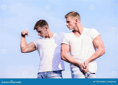 Men Twins Brothers Muscular Guys Sky Background Men Strong Muscular