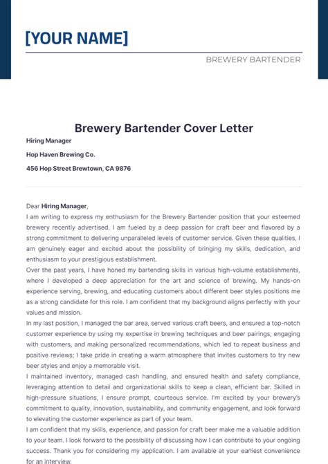 Free Brewery Bartender Cover Letter Template To Edit Online