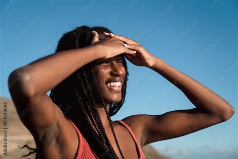 Happy Black Woman On The Beach Stock Photo Adobe Stock