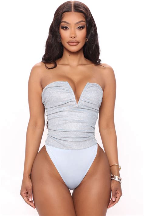 Baddie Metallic Ruched Bodysuit Light Blue Fashion Nova