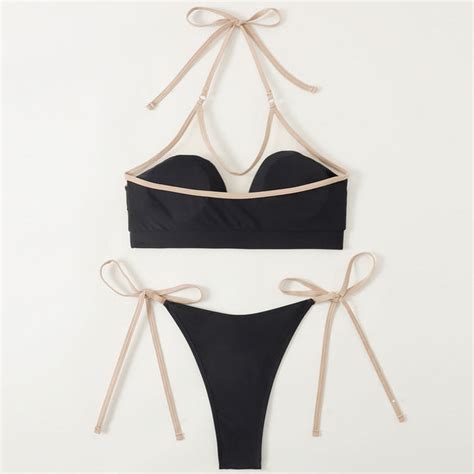 Sexy Sheer Mesh Tie String Cheeky Halter Brazilian Two Piece Bikini Sw