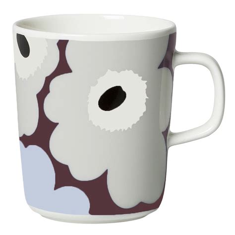 Marimekko Oiva Unikko muki dl valkoinen harmaa ruskea vaaleansininen Käytetty