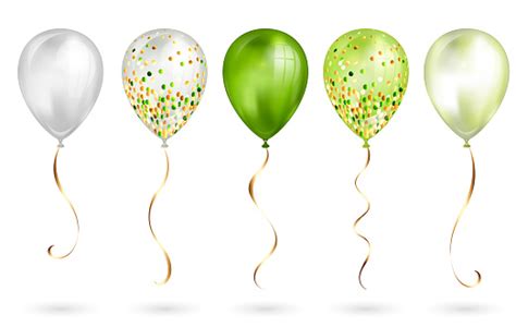디자인에 대 한 5 빛나는 올리브 녹색 현실적인 3d 헬륨 풍선의 집합입니다 반짝이 골드 리본 광택 풍선 생일 파티 브로셔 초대장 카드 또는 베이비 샤워를 위한 완벽 한