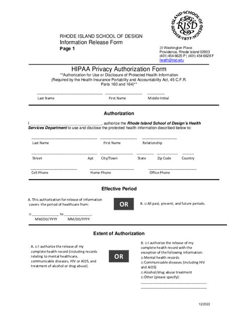 Fillable Online Hipaa Privacy Authorization Form Risd Student Hub Fax