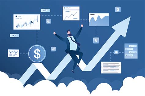 성공적인 행복한 사업가 또는 투자자는 성장 이익 차트에 앉아 주가의 성장 개념에 대한 스톡 벡터 아트 및 기타 이미지 개념 개념과 주제 계획 Istock