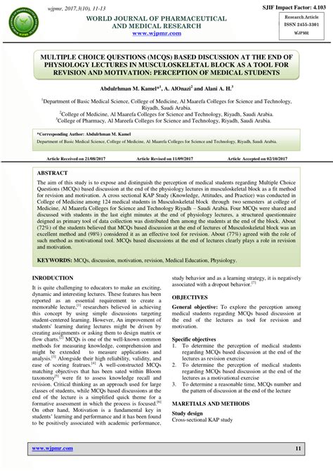 Pdf Multiple Choice Questions Mcqs Based Discussion At The End Of Physiology Lectures In