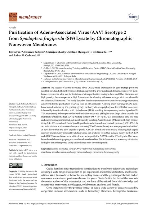 Pdf Purification Of Adeno Associated Virus Aav Serotype 2 From Spodoptera Frugiperda Sf9