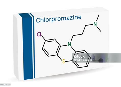 클로르프로마진 Cpz 분자 페노티아진 항 정신병 메스꺼움을 치료하는 데 사용 구토 불안 정신 분열증 양극성 장애 골격 화학 포뮬러 의약품용 용지 포장 Drug에 대한 스톡