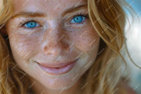 Premium Photo Freckles Blonde Blue Eyed Woman Perfect Skin Smiling