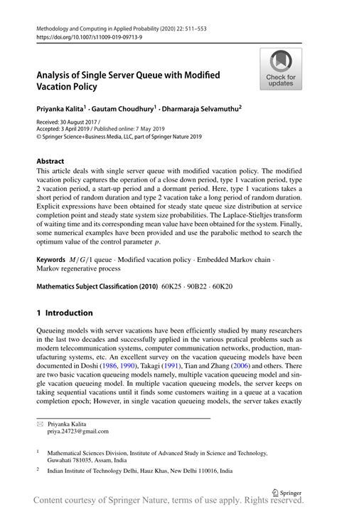 Analysis Of Single Server Queue With Modified Vacation Policy Request Pdf