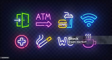 절연 네온 사인 밝은 간판 라이트 배너 네온 격리 아이콘 상징입니다 입력 현금 푸드 코트 흡연 구역 화장실 Wifi를 카페 병원 기호 및 아이콘 벡터 일러스트 레이 션 밤