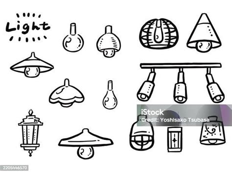 다양한 전등 램프 및 전구의 손으로 그린 스타일 라인 일러스트 세트입니다 0명에 대한 스톡 벡터 아트 및 기타 이미지 0명