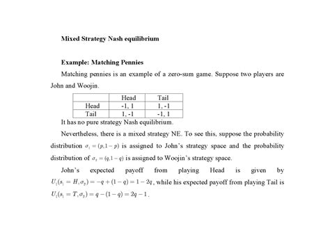 Notes On Mixed Strategy Nash Equilibrium Econ 309 Docsity