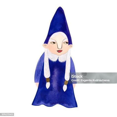 파란색 의상을 입은 수채화 여성 그놈 격리된 그림입니다 클립 아트 포장 인사말 카드 및 포장지 선물 포스터에 대한 래스터 그림 가공의 인물에 대한 스톡 벡터 아트 및 기타