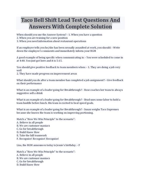 Taco Bell Shift Lead Test Questions And Answers With Complete Solution