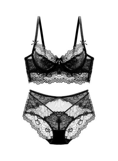 Comfy Solid Colour Lace Thin Bra Panty Set Black Price In Saudi Arabia