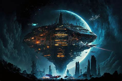 Sci Fi Fantasy Floating City In The Vastness Space Stock Illustration