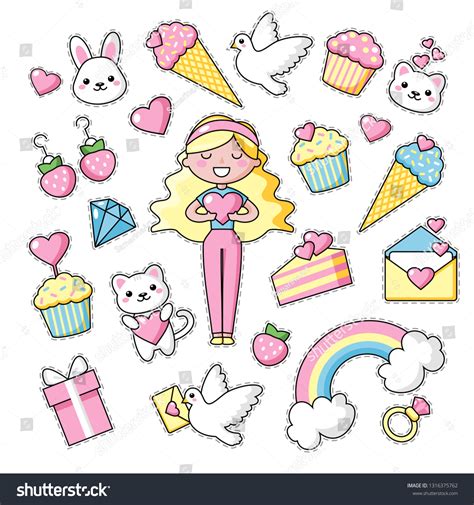 Set Cute Kawaii Objects Girl Long Stock Vector Royalty Free 1316375762 Shutterstock