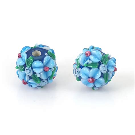 Doreenbeads Lampwork Glass Encased Floral Beads Round Blue Flower