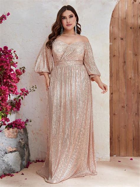 Fniseti Plus Off Shoulder Lantern Sleeve Sequin Dress Shein Usa