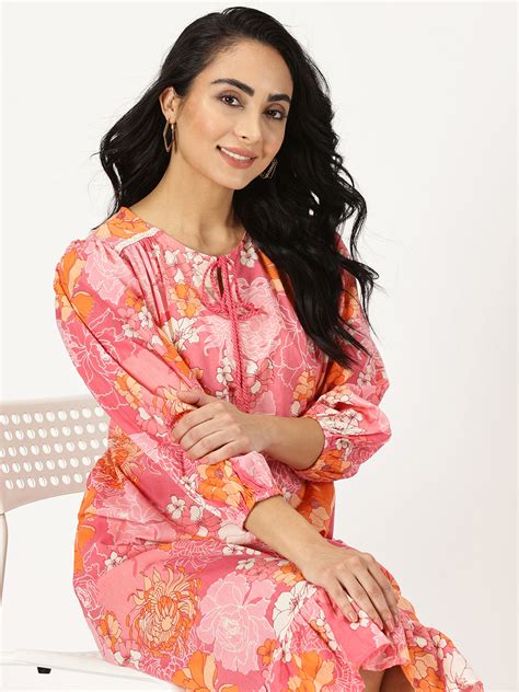 Pink Floral Print Midi Dress Saffron Threads