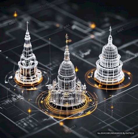 Ai创作图科技建筑区块链 设计感建模 玛哈布蒂庙宇模型 俄罗斯科技感建筑插画 智慧科技未来建筑 科技建筑数据化 建筑界面设计 三维场景建模
