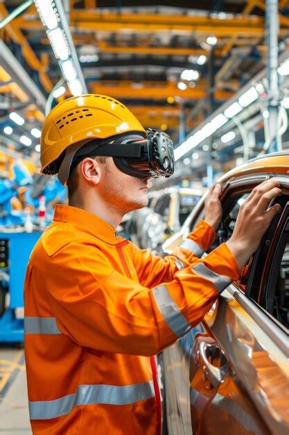 Worker Engineer Using Augmented Reality Glasses In Modern Automobile Factory For Efficient