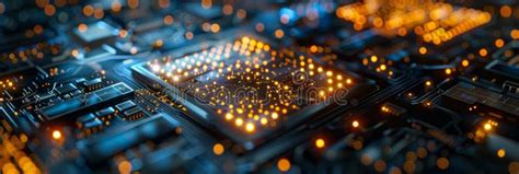 Illuminated Microchip On Circuit Board Closeup Of A Glowing Microchip