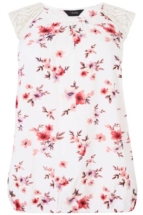 White And Multi Floral Print Sleeveless Bubble Top With Lace Shoulders