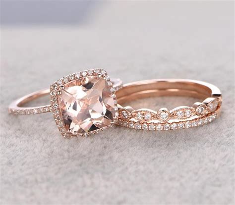 Limited Time Sale 2 Carat Morganite Diamond Trio Wedding Bridal Ring