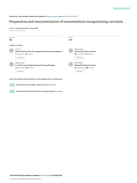 Preparation And Characterization Of Nanoemulsion Encapsulating Curcumin Pdf Emulsion