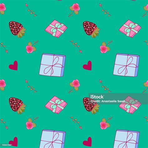 발렌타인 데이 솔기 패턴에는 하트 선물 장미 딸기 손으로 그린 디테일과 질감이 있습니다 2월에 대한 스톡 벡터 아트 및 기타 이미지 Istock
