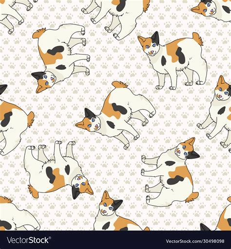 Cute Cartoon Japanese Bobtail Cat Seamless Vector Image