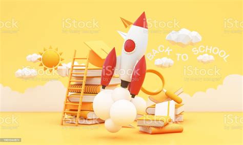 노란색 배경에 책과 액세서리가 있는 보드를 씁니다 학위 성취도 교육 및 연구 개시를 발표할 수 있는 여유 공간 학교 개념 3d 렌더링 3d 일러스트레이션으로 돌아가기 교육에