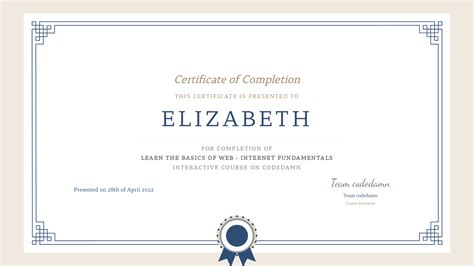 Elizabeths Certification For Learn The Basics Of Web Internet