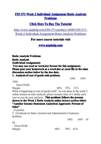 Fin 571 Week 2 Individual Assignment Ratio Analysis Problemspdf