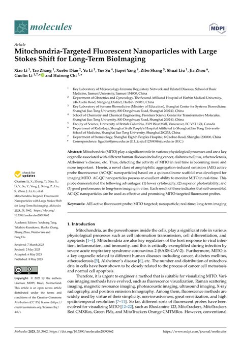 Pdf Mitochondria Targeted Fluorescent Nanoparticles With Large Stokes