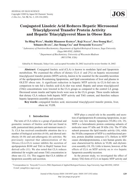 Pdf Conjugated Linoleic Acid Reduces Microsomal Triacylglycerol