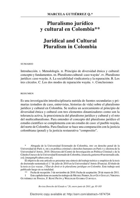 Pdf Pluralismo Jurídico Y Cultural En Colombia Juridical And