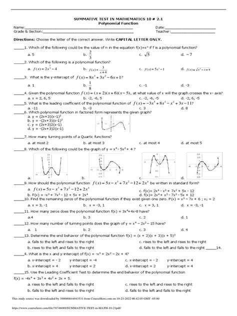 summative test in math 10 2 1 pdf pdf polynomial zero of a function