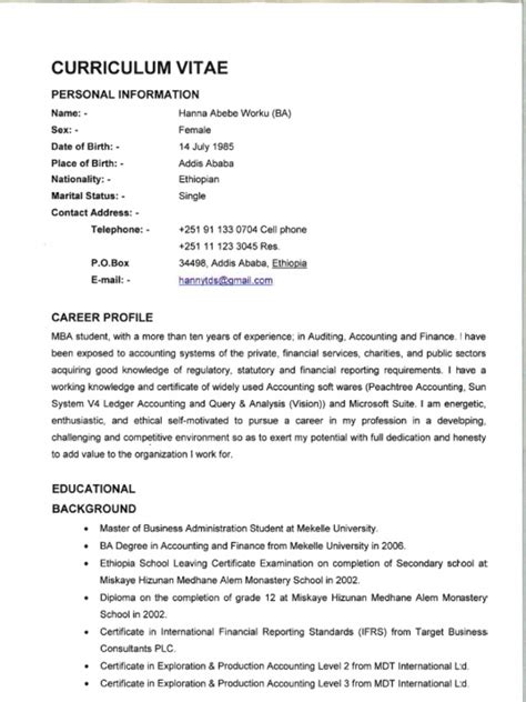 Cv Hanna Abebe Finance Accounting 1 Pdf