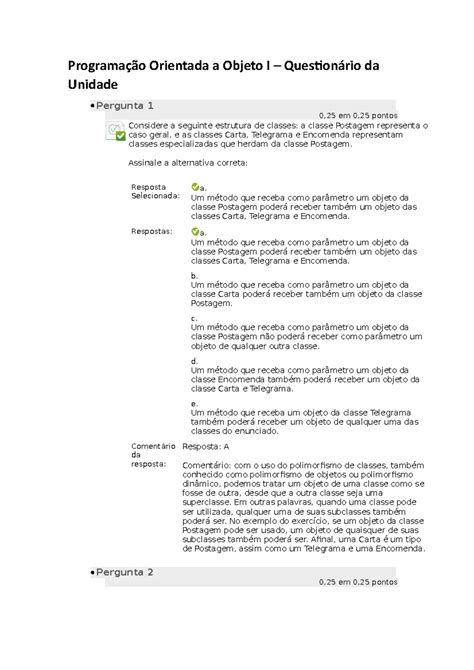 Programação Orientada A Objetos I Questionário Unidade Ii Revisar Envio Do Teste