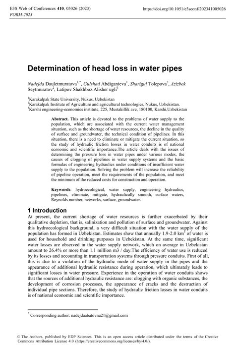 Pdf Determination Of Head Loss In Water Pipes