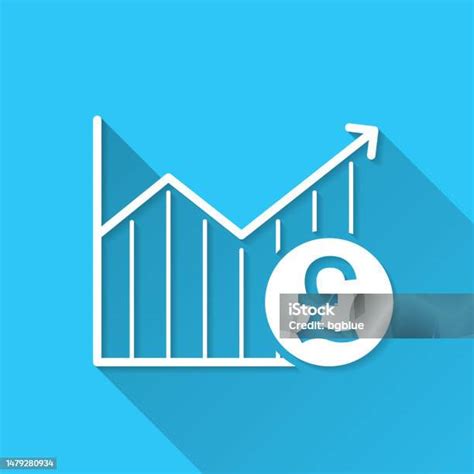 파운드 동전으로 성장하는 그래프 파란색 배경에 아이콘 긴 그림자가 있는 평면 디자인 0명에 대한 스톡 벡터 아트 및 기타 이미지